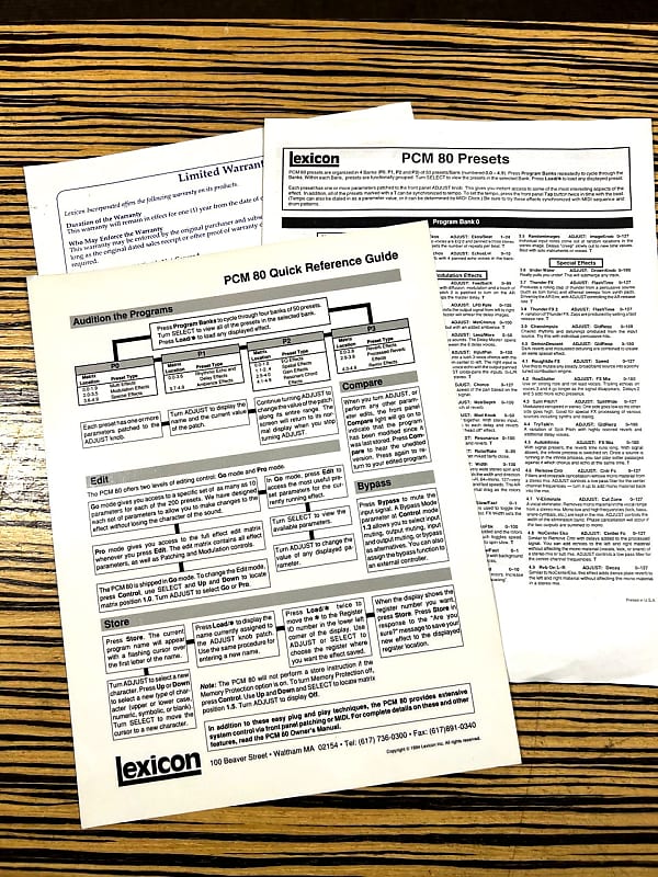 Lexicon PCM80 Quick Reference Guide + Presets list + Warranty | Reverb