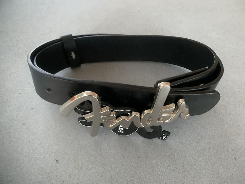 Fender Black Leather Chrome Logo Belt OLP 1990 Chrome And | Reverb