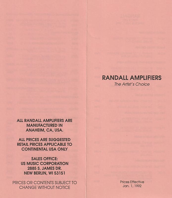 Randall Amplifiers, Price List, Jan. 1, 1992 | Reverb