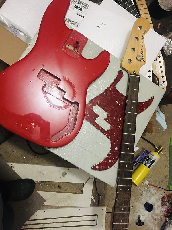 Squier p bass red with neck and new tortoiseshell pickguard | Reverb