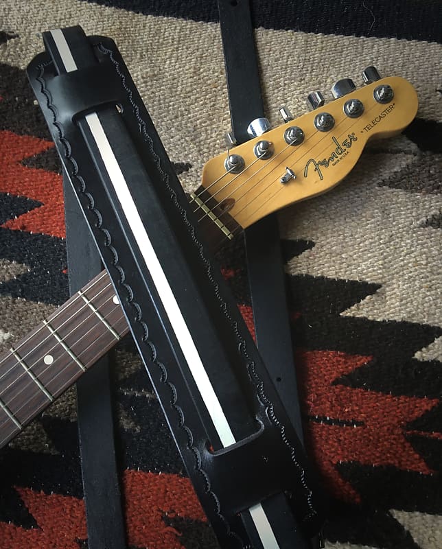 Vintage Style Black/White Racing Stripe Leather Guitar Strap. | Reverb