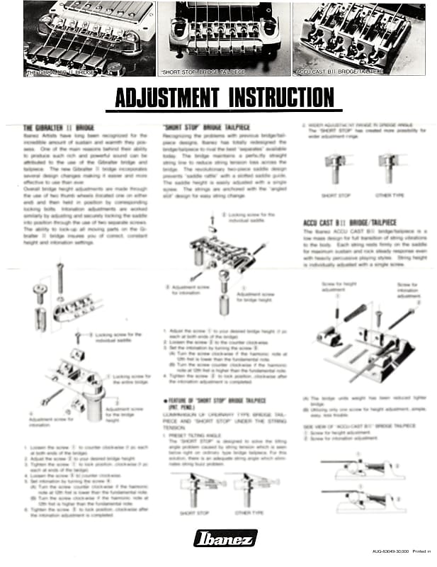 1983 Ibanez Adjustment Instruction Sheet for Gibraltar II, | Reverb