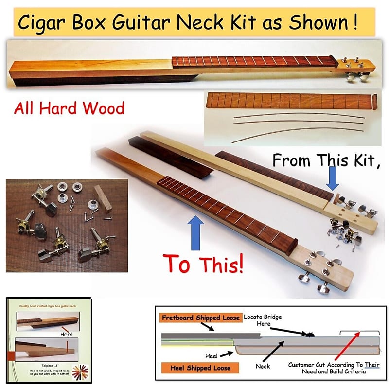 Cigar Box Guitar Neck Kit, 4 String - All Hard Wood | Reverb