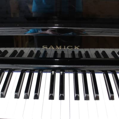 Samick Polished Ebony Continental Console Piano | Reverb