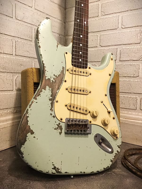 USA Relic Strat Style Road Worn Sea Foam Electric Guitar by | Reverb