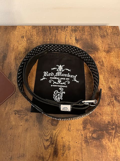 Red Monkey Bootleg 1-3/4" Studded Black leather guitar strap | Reverb