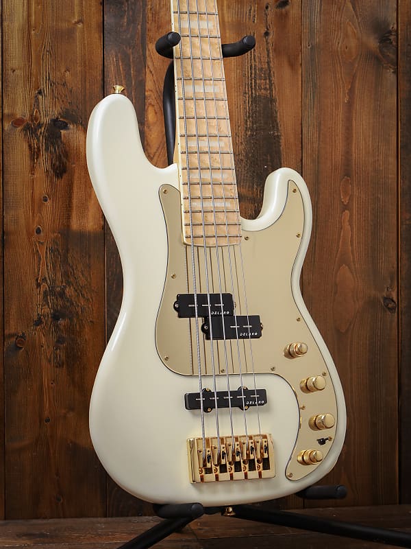 Bass Mods 5 String P Bass White & Gold | Reverb