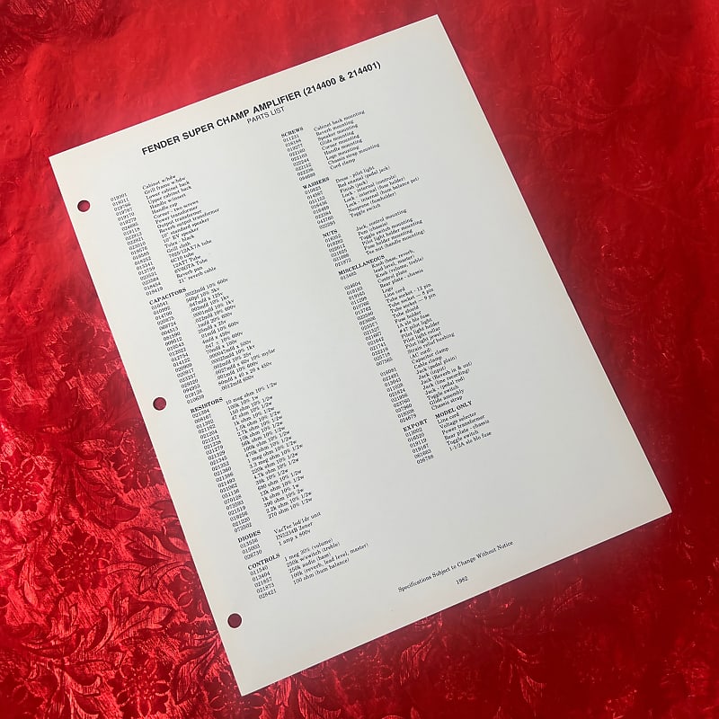 Fender Super Champ Amplifier 1982 Parts List + Schematic | Reverb