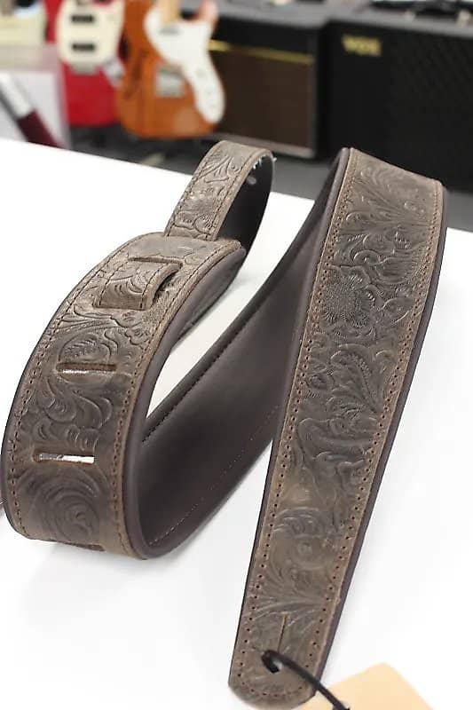 LM Products Premier Leather Guitar Strap Brown Western Tooled | Reverb