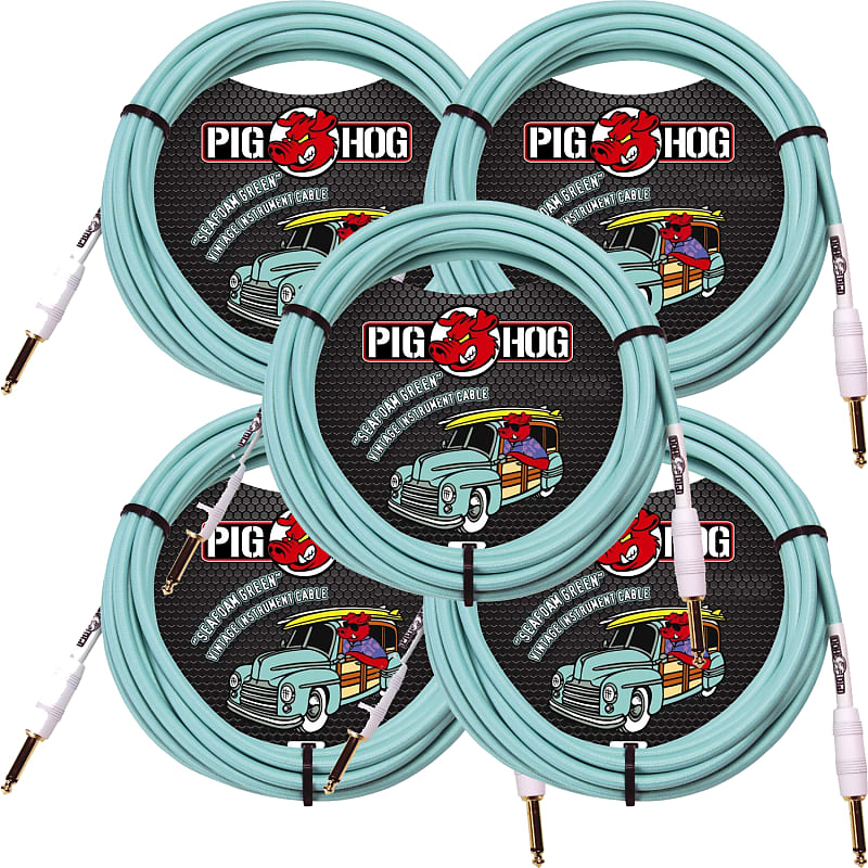 5-Pack Pig Hog PCH10SG Seafoam Green Instrument Cable 10ft | Reverb