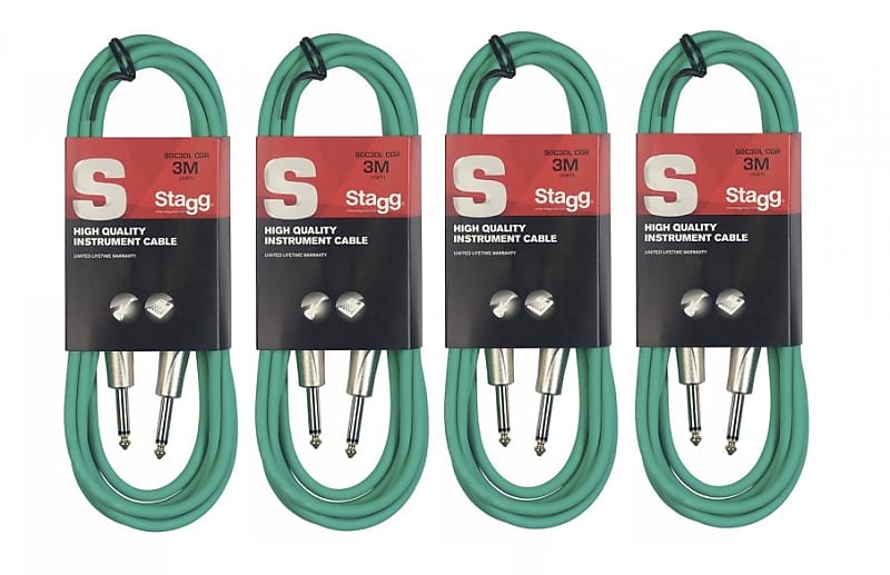 Lot of 4 Stagg SGC3DL CGR Green 10' Guitar Cables with Noise | Reverb