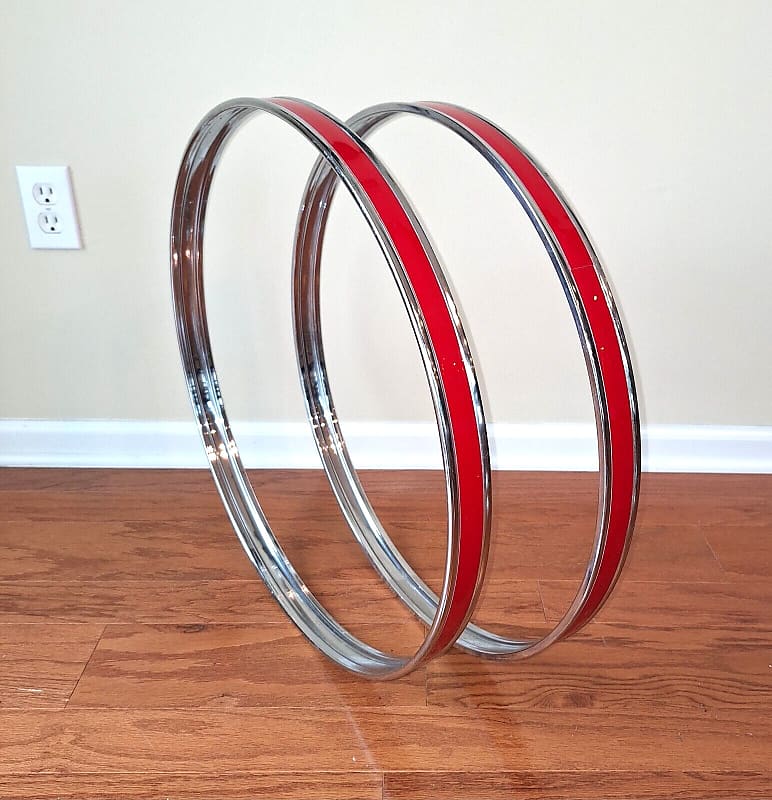 Set of 2 Pearl Export 22 inch Chrome Bass Drum Hoops Rims Red | Reverb