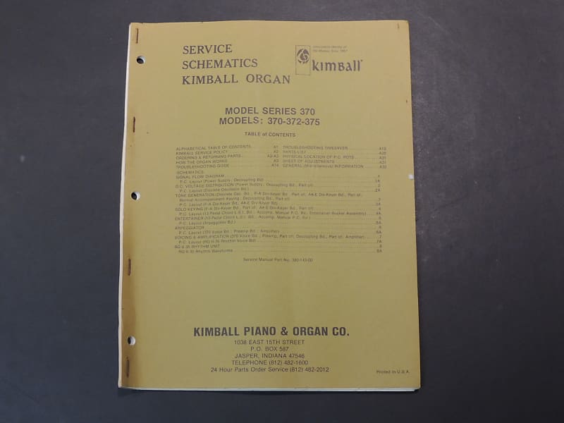 Kimball Models Series 370, 372, 375 Service Manual [Three | Reverb