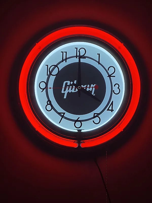 80's Gibson Guitars Double Neon Red/White Wall Clock Killer | Reverb