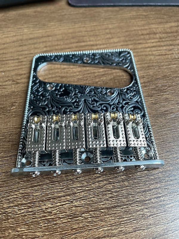 Vintage Silver Engraved Tele Style Guitar Bridge with Roller | Reverb