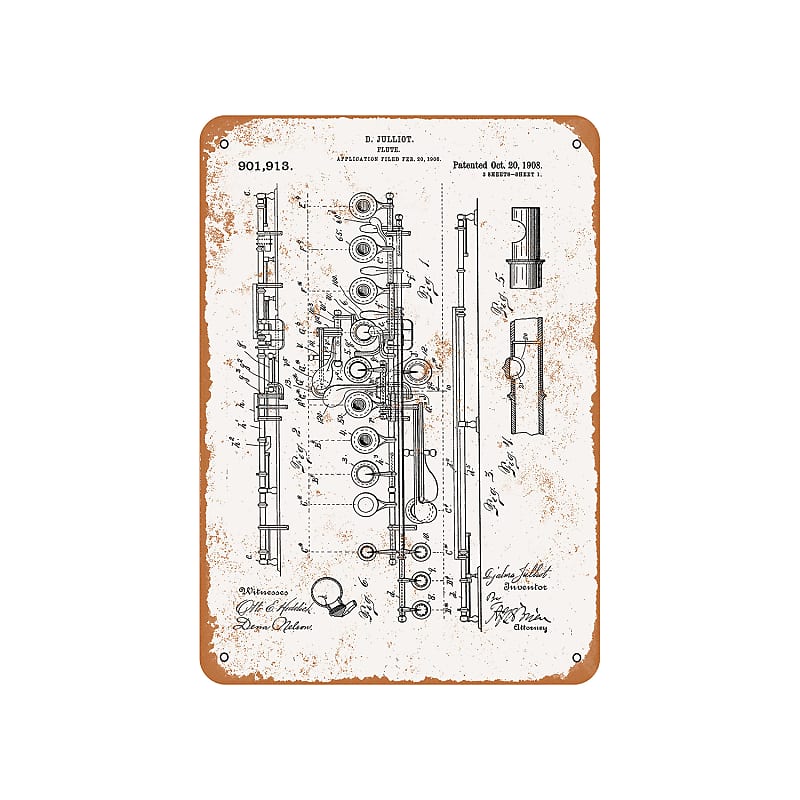 10 x 14 Metal Sign - 1908 Flute Patent - Vintage Look | Reverb
