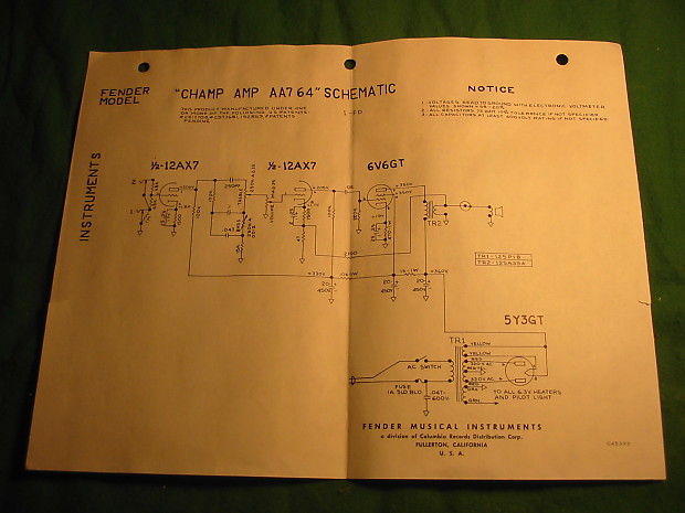 1969 Fender Champ AA764 Schematic All Black-Silver face | Reverb