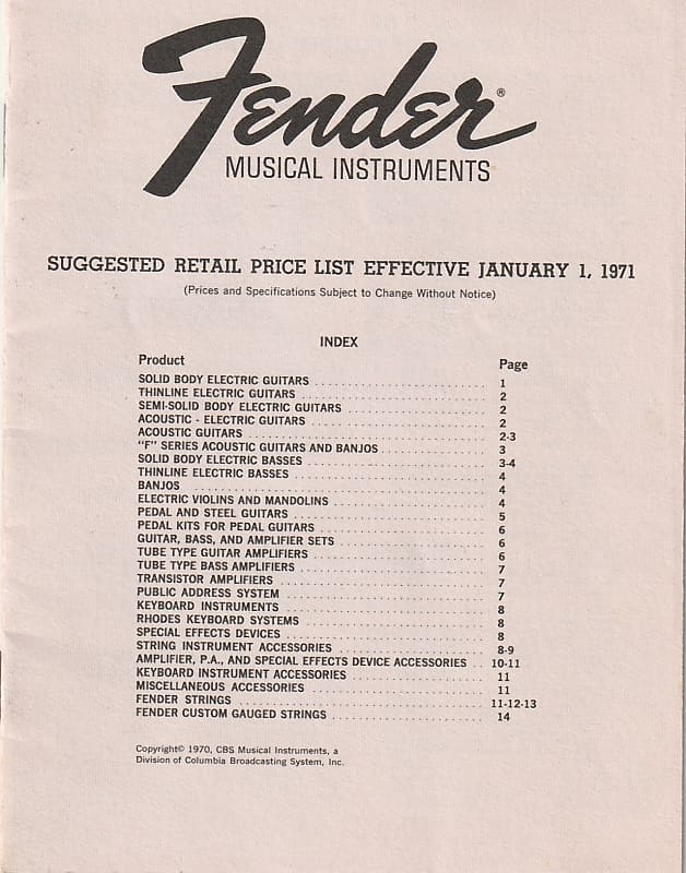 Fender Music Instruments, Retail Price List, January 1, 1971 | Reverb