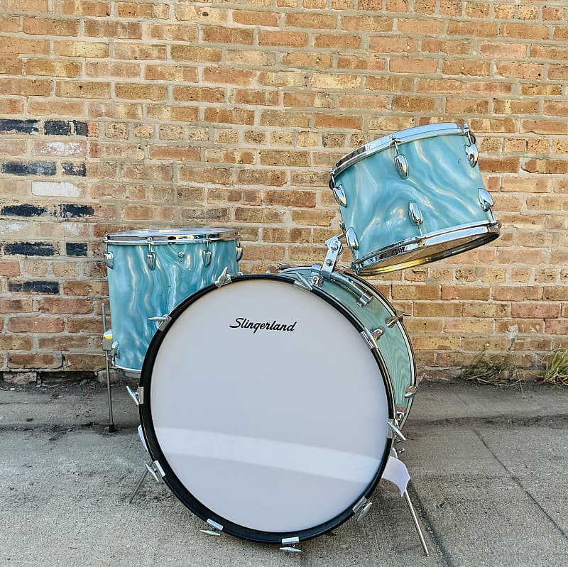 Slingerland Three piece drum set 1960s - Aqua Flame Satin | Reverb