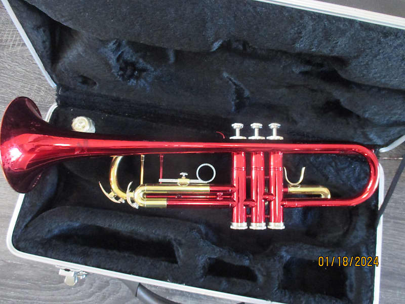 Trumpet, red color, with case and mouthpiece. | Reverb