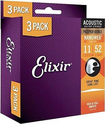 Elixir Nanoweb Phosphor Bronze Guitar Strings Triple Pack, | Reverb UK