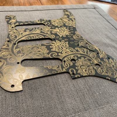 Custom Pickguard Stratocaster Black & Gold Paisley | Reverb