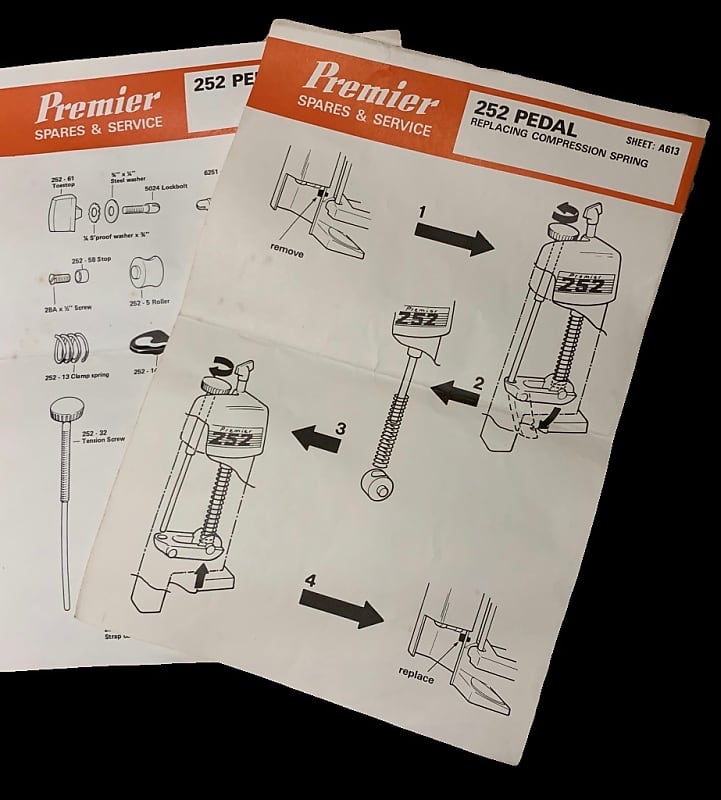 Premier Premier 252 Bass Drum Pedal Servicing Sheets 60's to | Reverb