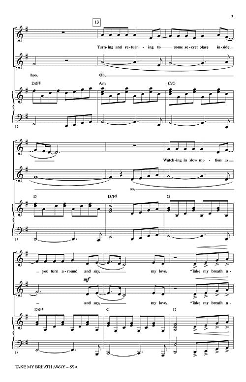 Take My Breath Away Ssa Pop Choral Series Jessica Simpson | Reverb