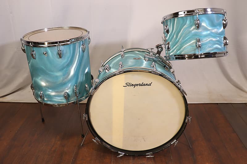 Slingerland 3pc Drum Set Kit Green Satin Flame Pearl Vintage | Reverb