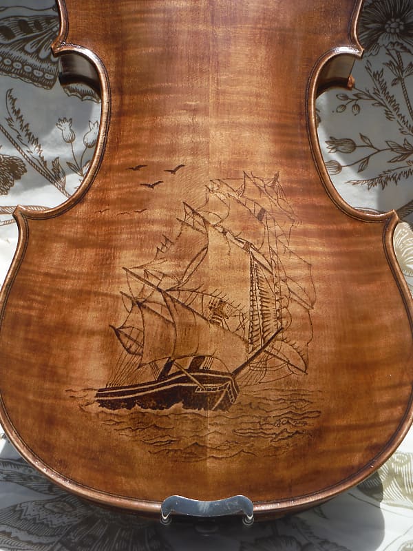 violin 5 string 2022 hand varnished/ brown/ with wood burned | Reverb