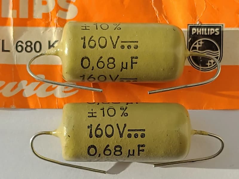 2x NOS 0.68uF/160V PHILIPS Millard Mustard capacitors, | Reverb