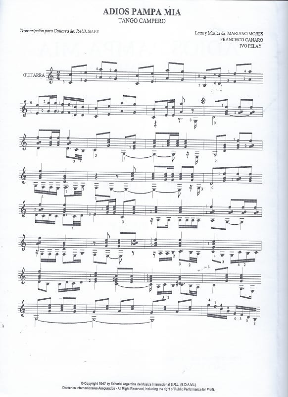 Adios Pampa Mia Adiis Pampa Moa (guitarra) Sheet Music | Reverb