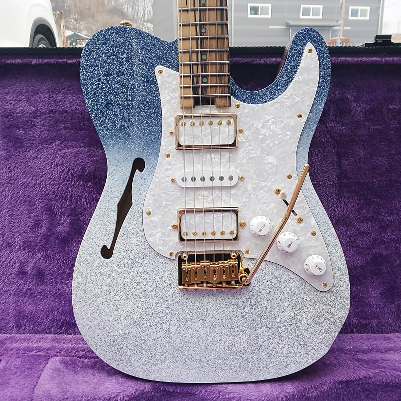 HI Guitar Custom Tele Semi-hollow Body Blue white sparkle | Reverb