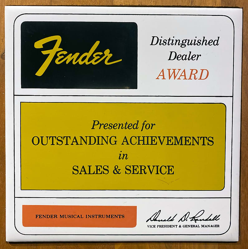 Circa 1966 FENDER Dealer sign. Distinguished Dealer Award. | Reverb