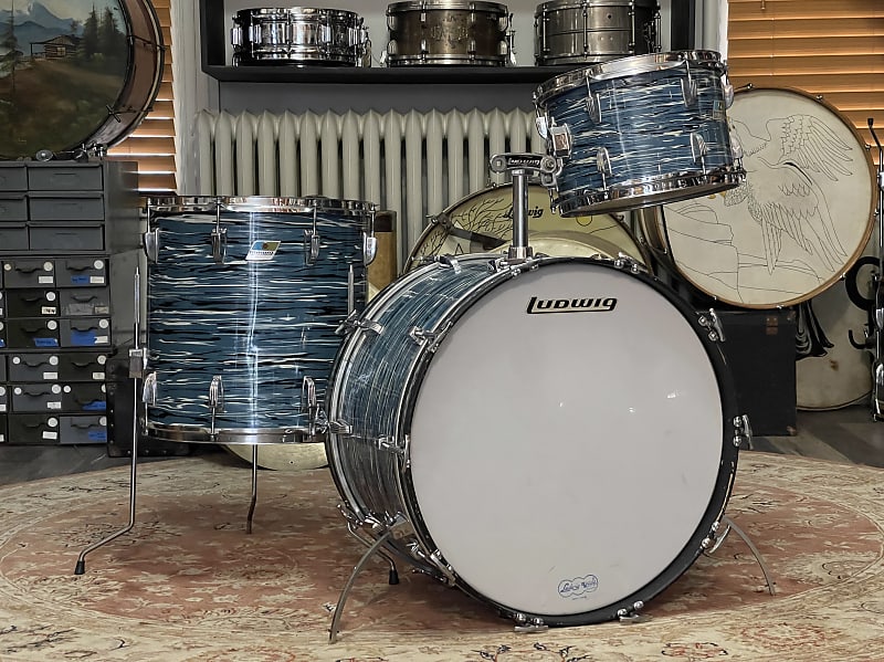 1970's Ludwig Oyster Blue Pearl 12/16/22 3-Ply Maple Drum Kit | Reverb
