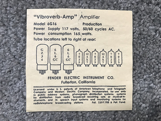 Fender Vibroverb 6G16 brownface tube chart 1963 | Reverb UK