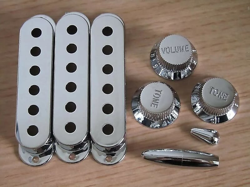 Chrome Strat Style Guitar Pickup Covers, Switch Tip, Knobs, | Reverb Chrome Strat Style Guitar Pickup Covers, Switch Tip, Knobs, | Reverb