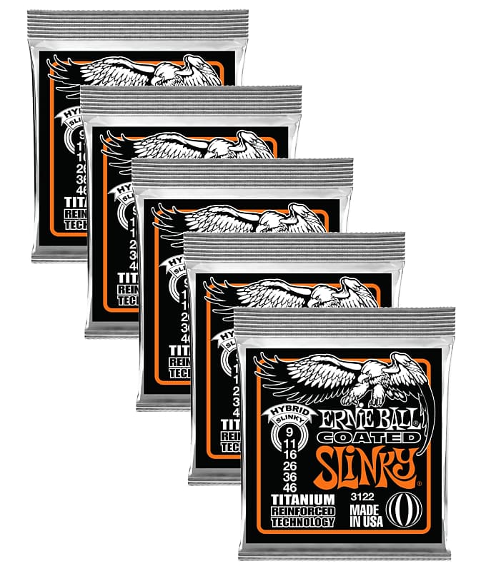 6 PACK Ernie Ball P03122 Coated Hybrid Slinky Strings, | Reverb