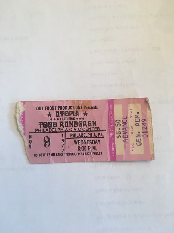 Todd Rundgren and Utopia ticket stub Concert stub 1977 | Reverb