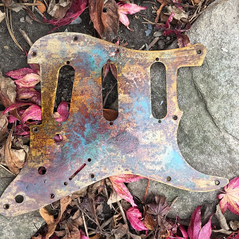 Rusted Relic Brass /blue patina Steel strat pickguard with | Reverb
