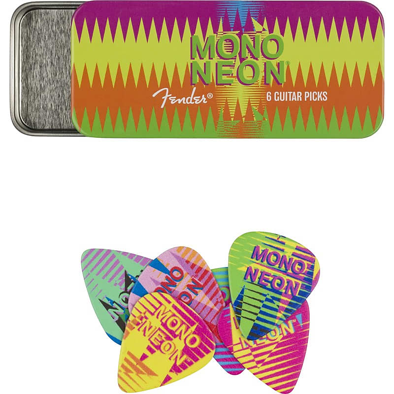 Fender MonoNeon Pick Tin, Medium, Set of 6 | Reverb
