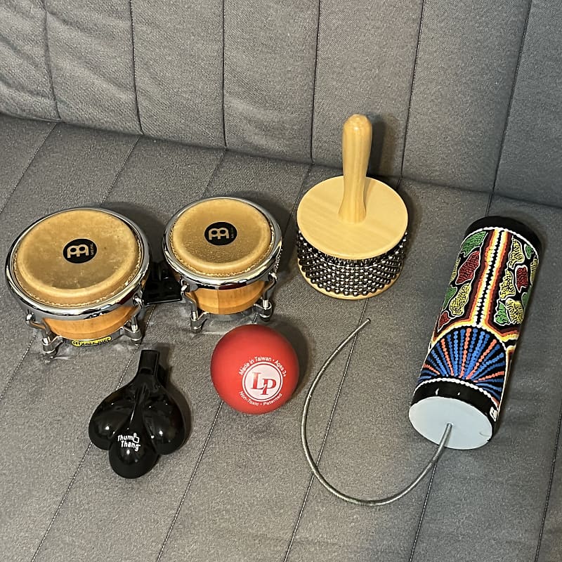 Percussion collection: cabasa, thunder drum, mini bongos, | Reverb