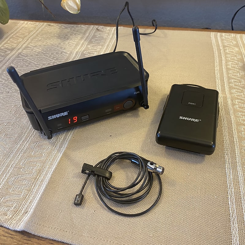 Shure PGX4 Receiver, PGX1 Transmitter, Shure 93 Lav Mic, and | Reverb