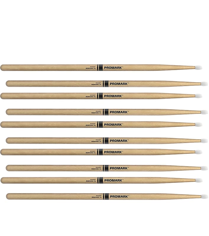 5 PACK ProMark Rebound 7A Hickory Drumsticks, Oval Nylon Tip | Reverb