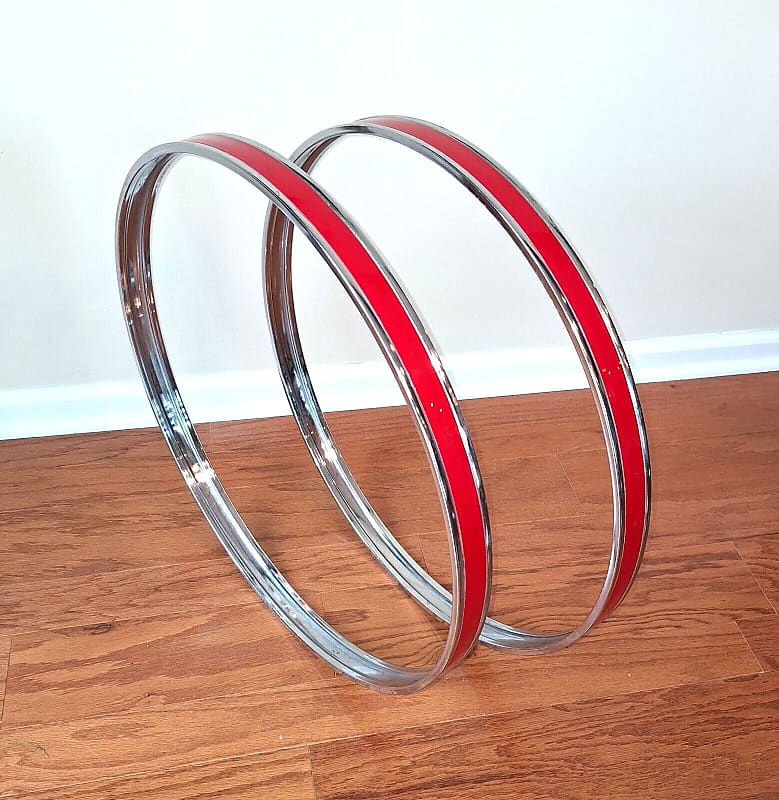 Set of 2 Pearl Export 22 inch Chrome Bass Drum Hoops Rims Red | Reverb