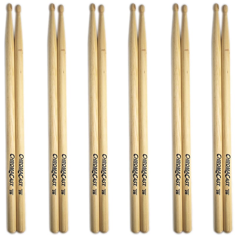 ChromaCast 2B USA Made Natural Hickory Wood Tip Drumsticks, 6 | Reverb