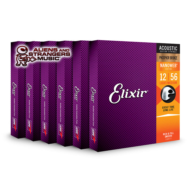 6-Pack Elixir Light/Medium NANOWEB Phosphor Bronze Strings | Reverb