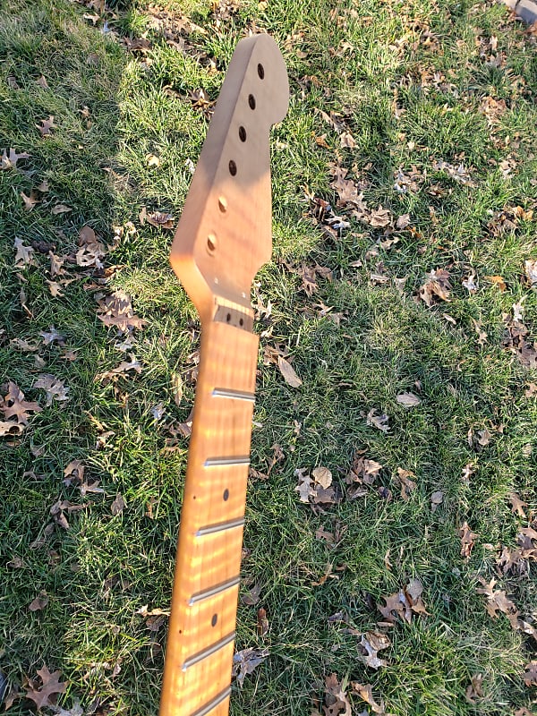 Warmoth Strat Neck, Roasted Flame Maple, Stainless Steel | Reverb