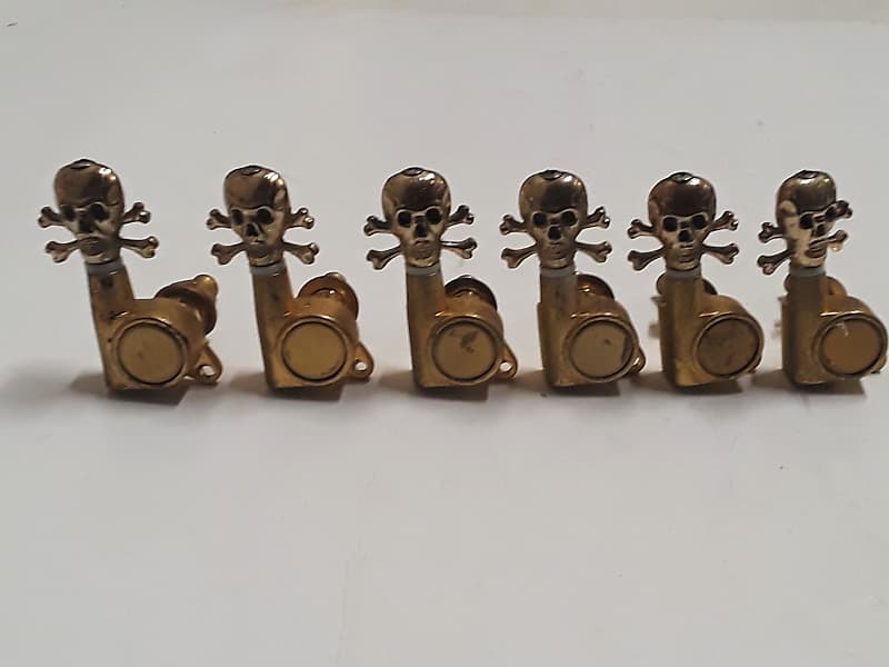 Vintage Skull & Crossbones Tuners Gold 6 In-Line Tuning Heads | Reverb
