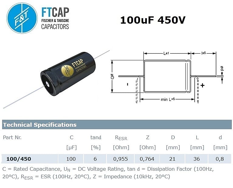 F&T 100uF 450V, axial electrolytic capacitor, A10145021036 - | Reverb